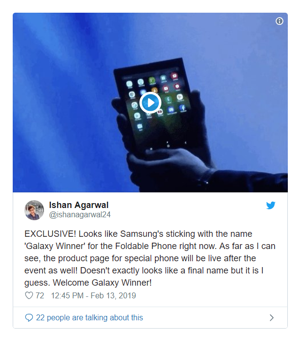 Smartphone màn hình gập của Samsung có tên là Galaxy Winner